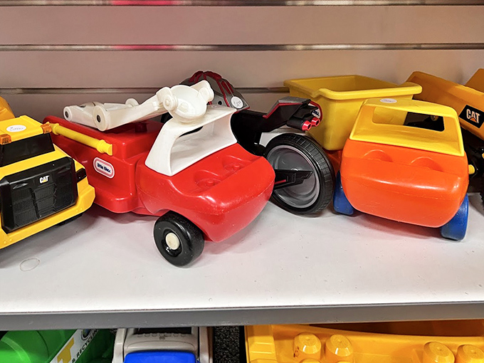 Little red riding toys and construction vehicles await tiny new owners. These plastic chariots have plenty of adventures left in them!