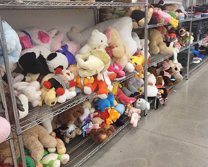 A plush menagerie spills across metal shelves, each stuffed animal hoping to be the next bedtime companion for a child's imagination.