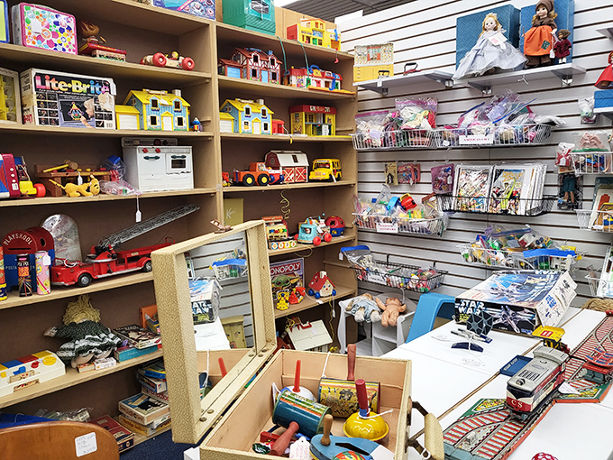 A toy wonderland where Lite-Brites and Fisher-Price classics await new generations, proving good play design never really goes out of style.