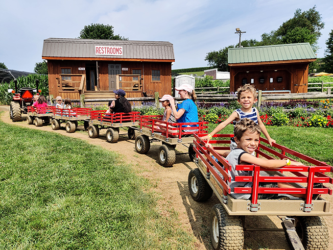 All aboard the wagon train! These pint-sized farmers are learning that the best rides don't require batteries or Wi-Fi connections.