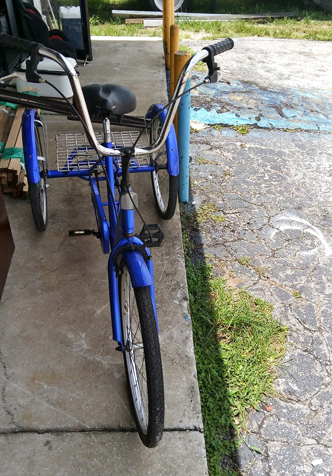 A blue tricycle that offers the perfect blend of transportation and shopping cart&mdash;ideal for neighborhood errands or retirement community cruising.
