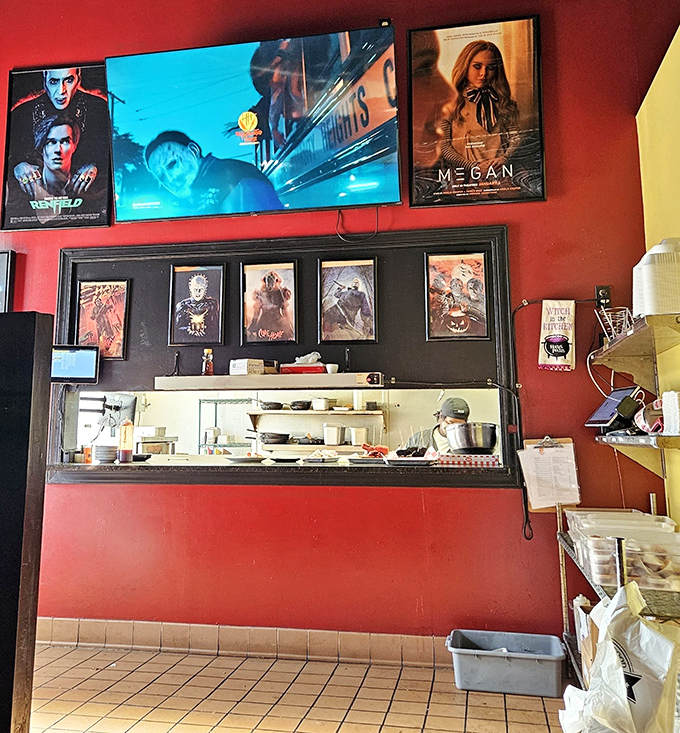 Even the kitchen window is framed with movie posters. Here, culinary nightmares are strictly the good kind.