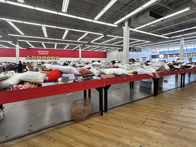 Tables displaying pillows and home goods stretch across the warehouse like a treasure map for the budget-conscious decorator.