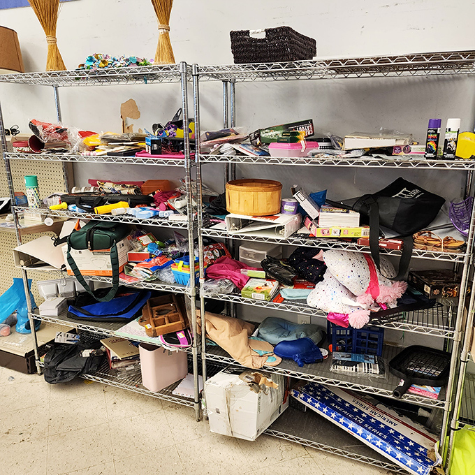 The more chaotic shelves reveal the true thrift store experience. Sometimes the best finds require a bit of digging.