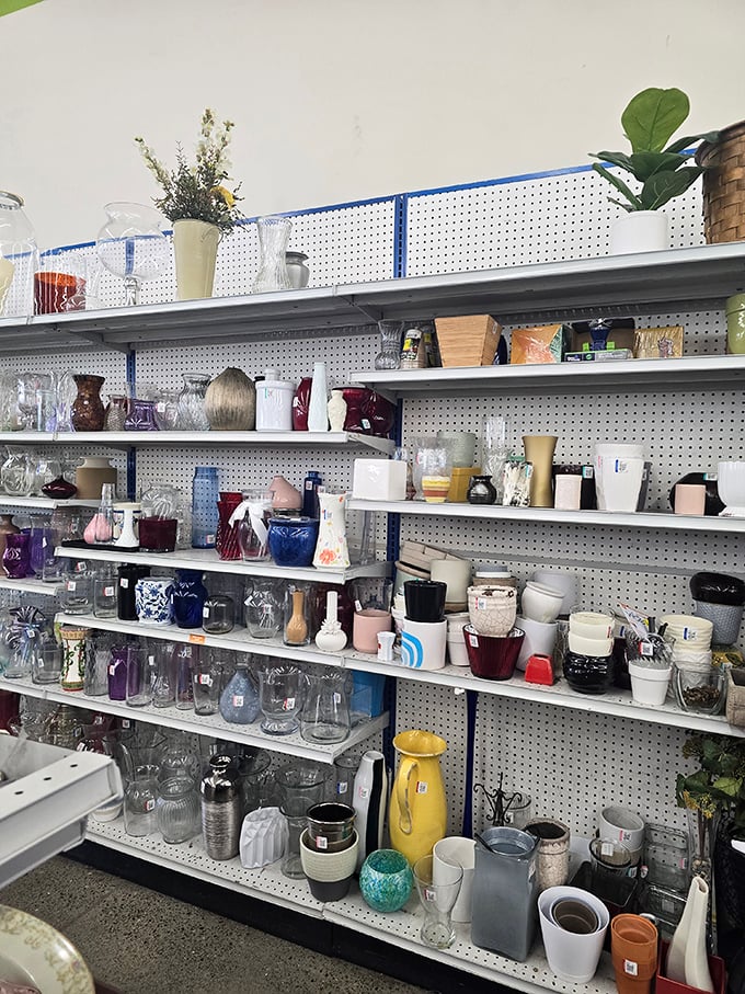 Vases and vessels of every shape and hue stand at attention. That perfect receptacle for your farmers' market flowers is hiding somewhere on these shelves.