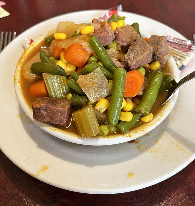Vegetable beef soup that's had a long, meaningful relationship with the stockpot&mdash;chunks of beef and vegetables telling their delicious story.