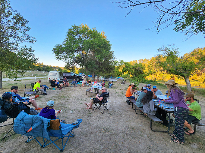 Campground gatherings: Where strangers become friends over shared stories and the universal language of s'mores.