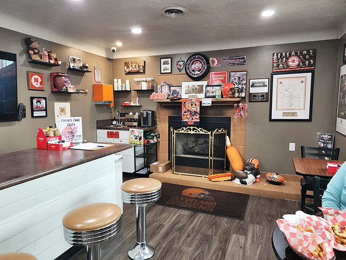 Every inch of wall space tells a story of Cleveland pride, creating an atmosphere that's equal parts sports museum and comfort food sanctuary.