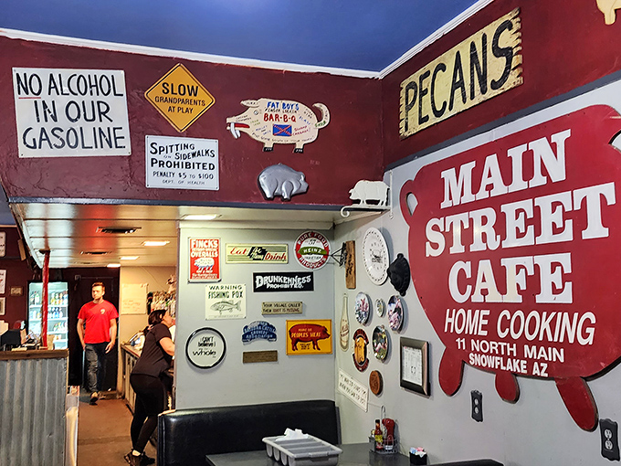 Wall d&eacute;cor that tells stories without saying a word. "No alcohol in our gasoline" is both practical advice and perfect BBQ joint philosophy.