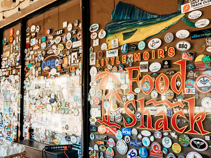 Wall decorations that tell stories of maritime adventures and loyal patrons. Each sticker a chapter in Food Shack's legend.