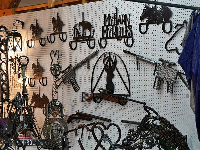 Metal art transforms ordinary walls into statements of style, with everything from wildlife silhouettes to weaponry displayed like an ironworker's portfolio.