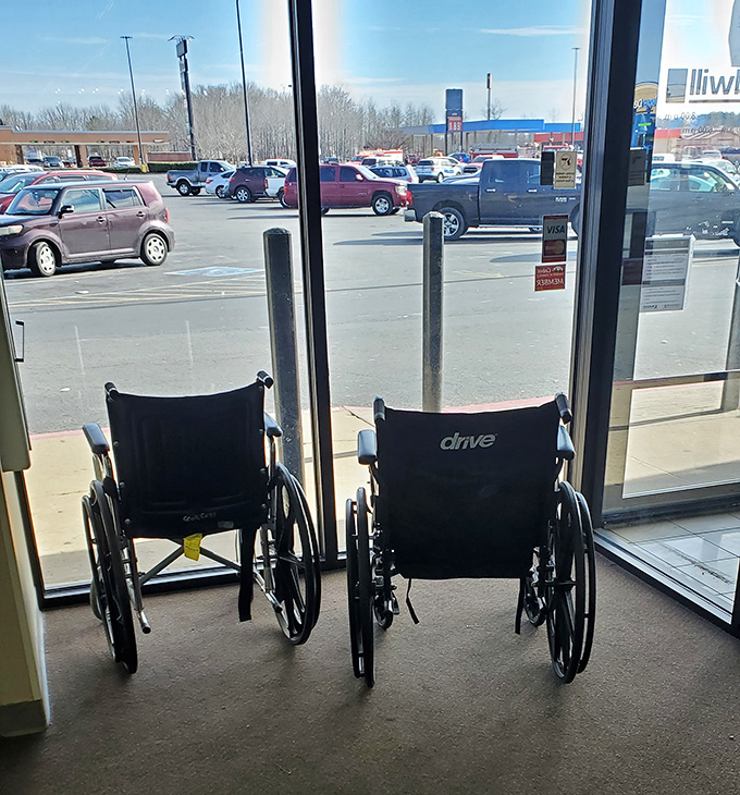 Wheelchairs wait by the entrance, available for shoppers who need them&mdash;because treasure hunting shouldn't require a marathon.
