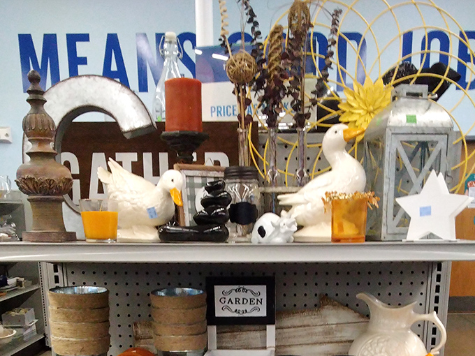 Whimsical white duck figurines and farmhouse d&eacute;cor await adoption. Garden-themed treasures that would cost triple at those fancy home stores with the scented candles.