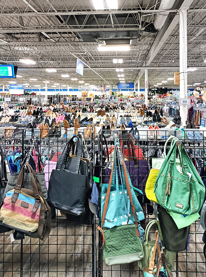 The accessories section: a handbag heaven where designer dreams meet practical prices. Every color in the rainbow awaits its forever home.