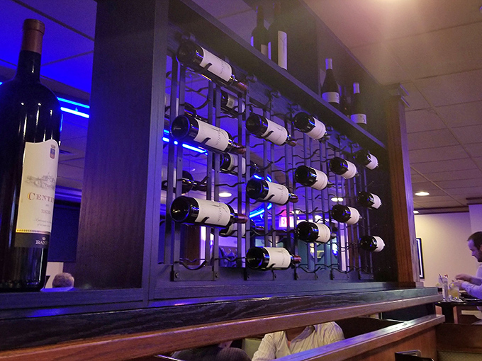 A wine display that means business—no sommelier speeches required, just solid options to complement that beautiful steak.