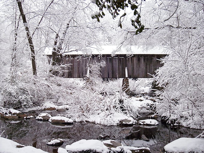 Winter transforms the bridge into something from a fairy tale&mdash;a monochromatic masterpiece where every snow-laden branch frames the historic wooden passage.