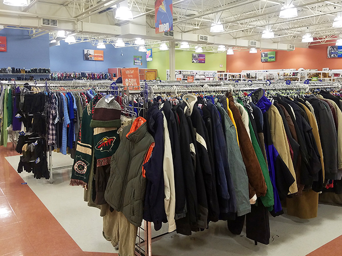 Winter in Minnesota requires serious outerwear, and this rack delivers options for every cold-weather personality, from practical puffer to vintage wool.