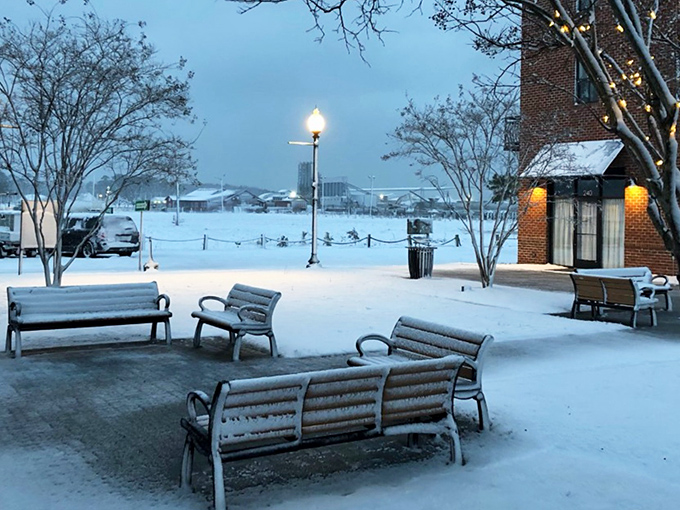 Winter blankets the town square in pristine white, transforming benches into snow sculptures and lampposts into something from Narnia.