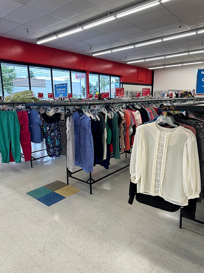 The clothing section: where yesterday's fashion finds tomorrow's admirers. That white blouse is practically whispering, "Take me home!"