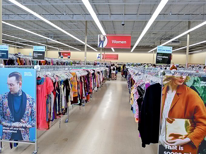 The women's department: a fashion time capsule where vintage meets modern in a democratic display of style evolution.