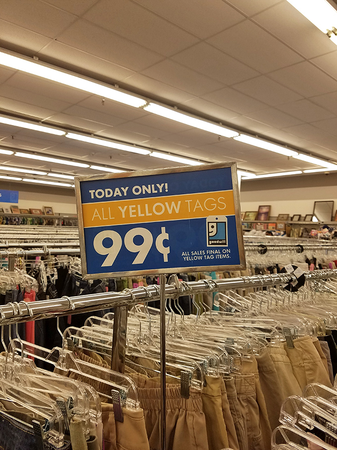 The yellow tag special&mdash;like winning a mini lottery! Ninety-nine cents for items that once cost twenty times more. Thrift shopping's golden ticket.