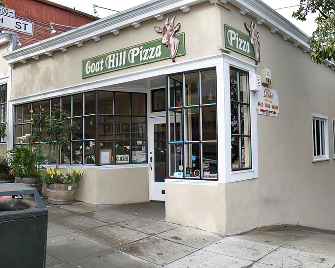 Goat Hill's corner location captures Potrero Hill's neighborhood spirit where community gathers over great pizza slices. 