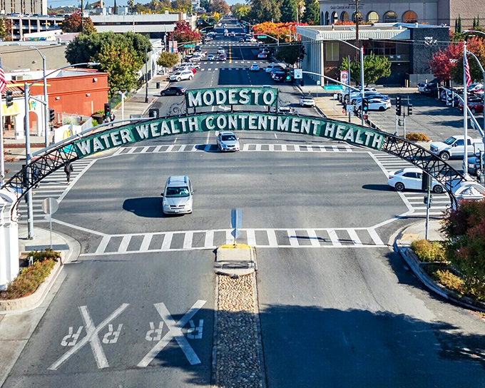 Modesto&rsquo;s iconic arch welcomes visitors with the city&rsquo;s timeless motto &mdash; a proud symbol of community, prosperity, and Central Valley spirit.