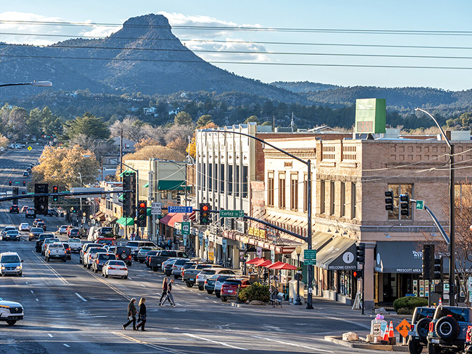 Prescott's historic downtown huddles beneath Thumb Butte, where Victorian architecture meets mountain town vibes in Arizona's unexpected high country.