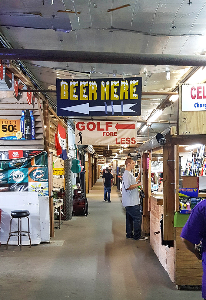 USA Flea Market's "Beer Here" sign reminds shoppers that treasure hunting works up a thirst!