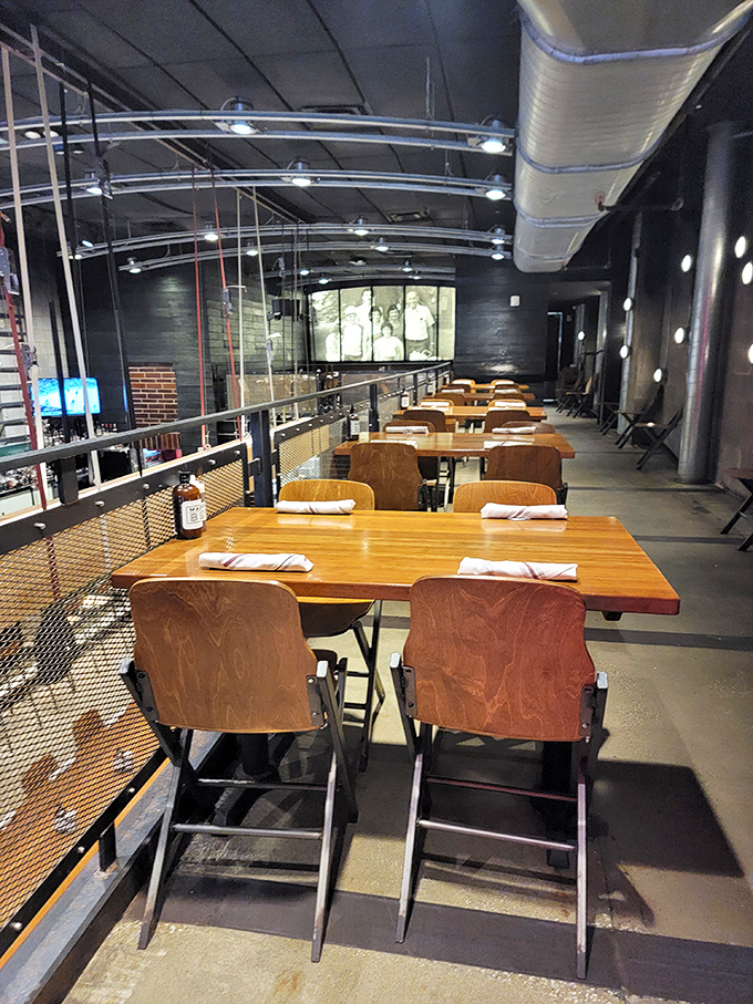 The second floor dining area offers industrial-cool vibes with a side of anticipation&mdash;each table set and ready for the parade of smoked delights about to arrive. 