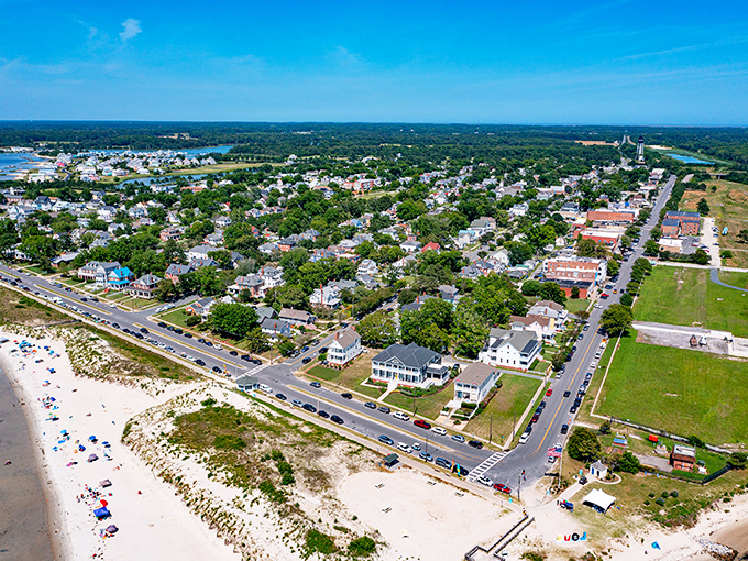 From above, Cape Charles reveals its perfect geometry&mdash;a grid of tree-lined streets nestled between bay waters and farmland, like a town from a model railroad.