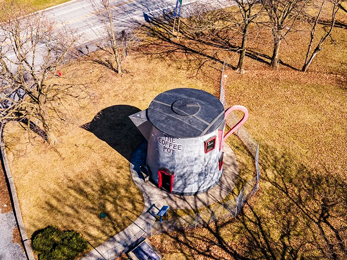 From above, the Coffee Pot's perfect circular design is revealed. Drone photography confirms what we suspected&mdash;it really is shaped like a coffee pot.