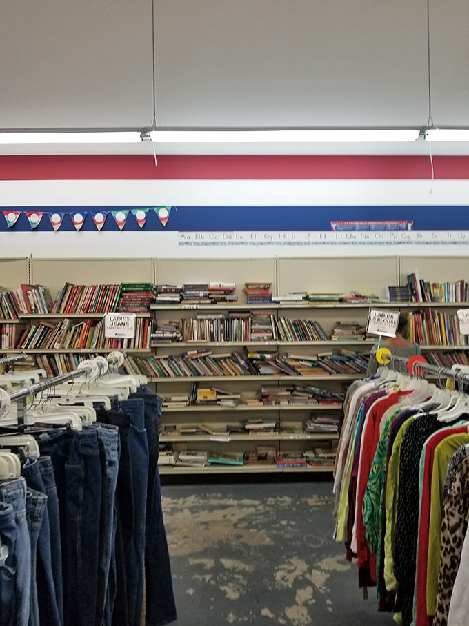Books above, clothes below&mdash;the perfect metaphor for thrifting: feeding both mind and body without emptying the wallet.