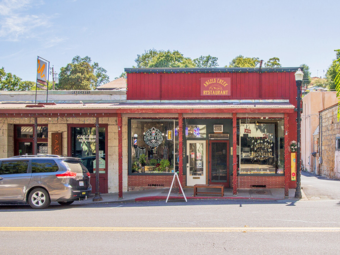 Angels Creek Caf&eacute;'s classic red storefront promises comfort food with a side of Gold Rush nostalgia in the heart of downtown.