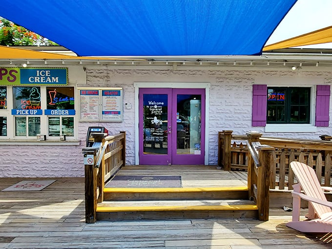 The ice cream shop's purple door promises sweet relief from Florida heat. Calories don't count when consumed within sight of the ocean.