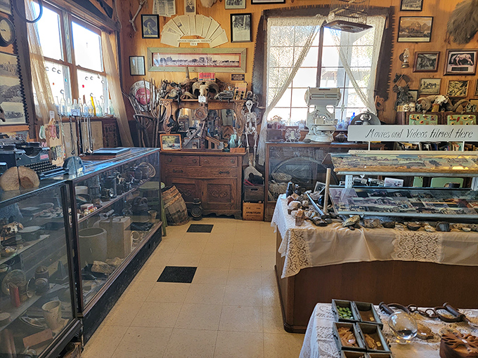 The general store's interior&mdash;where miners once traded gold dust for necessities. Today's treasure hunters find only memories behind these glass cases.