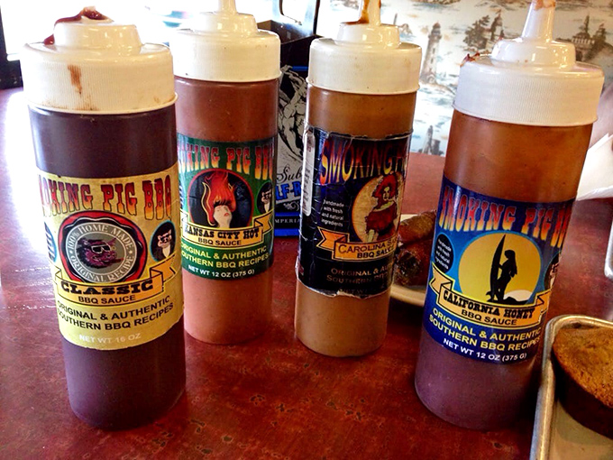 The sauce lineup – from Kansas City sweet to Carolina tangy – like having four different flavor dimensions in squeeze bottles.