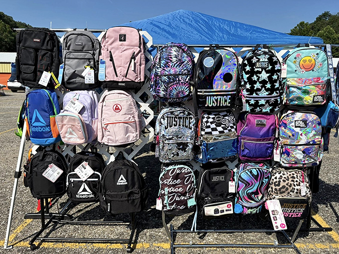 Backpacks lined up like eager students, brand new and ready for adventures from school hallways to mountain trails.