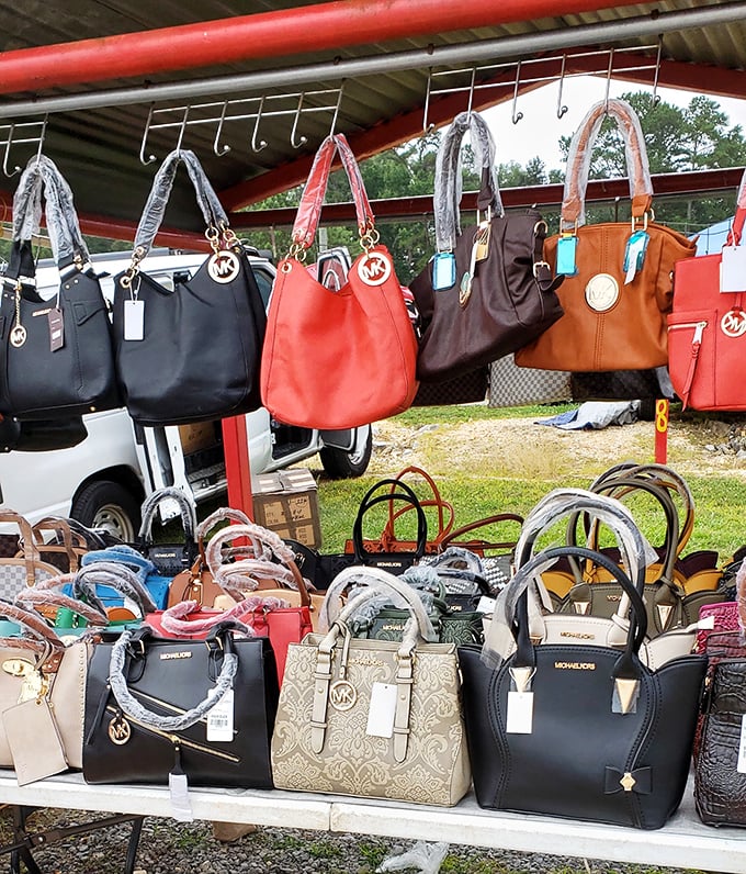 Designer bags hanging like expensive fruit&mdash;where savvy shoppers debate authenticity while secretly calculating how much they'd pay for that perfect brown tote.