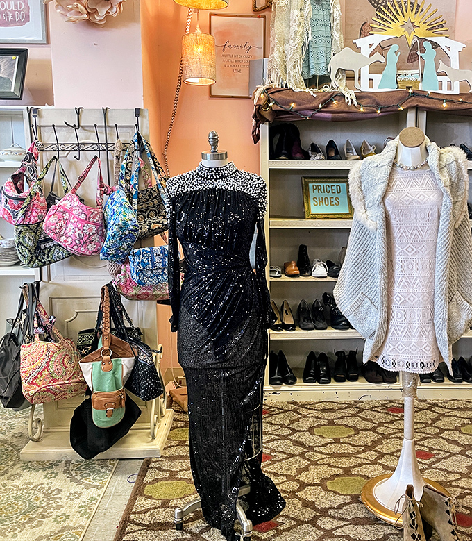 Evening glamour meets everyday practicality. That sequined black dress could take you from thrift store rack to red carpet with just a few alterations.