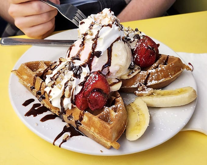 Dessert masquerading as breakfast? These waffles topped with ice cream and fruit are the ultimate "life's too short" philosophy on a plate.