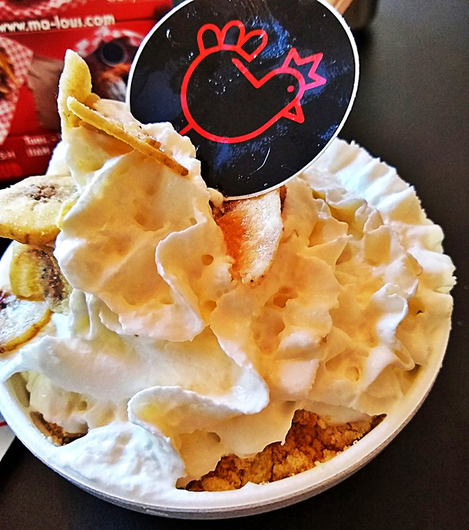 Banana pudding with the Ma Lou's logo proudly displayed. Creamy, dreamy comfort in a cup that would make your grandmother jealous.