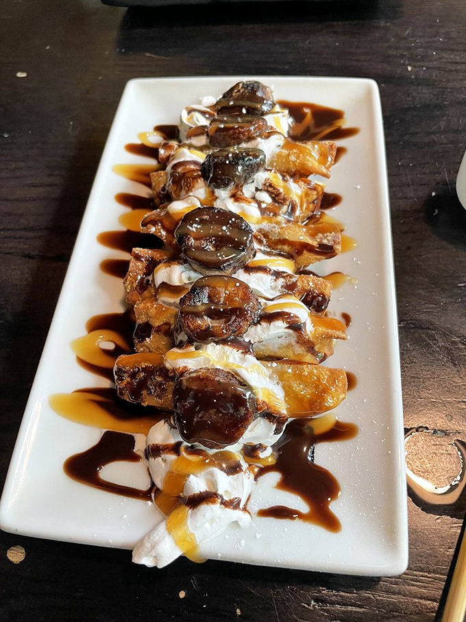 The banana wontons with ice cream create that perfect hot-cold tension that makes dessert feel like delicious drama.