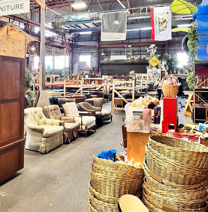 Wicker baskets stacked like Russian dolls beside furniture that's seen decades of family dinners, movie nights, and afternoon naps.