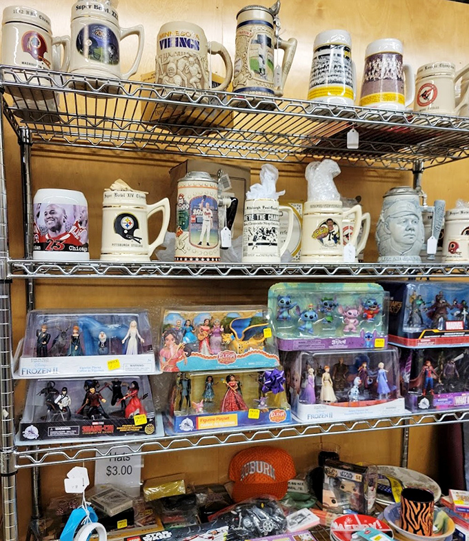 Collectible containers and character companions. From beer steins to Disney figurines, this shelf is where adult and childhood collections collide.