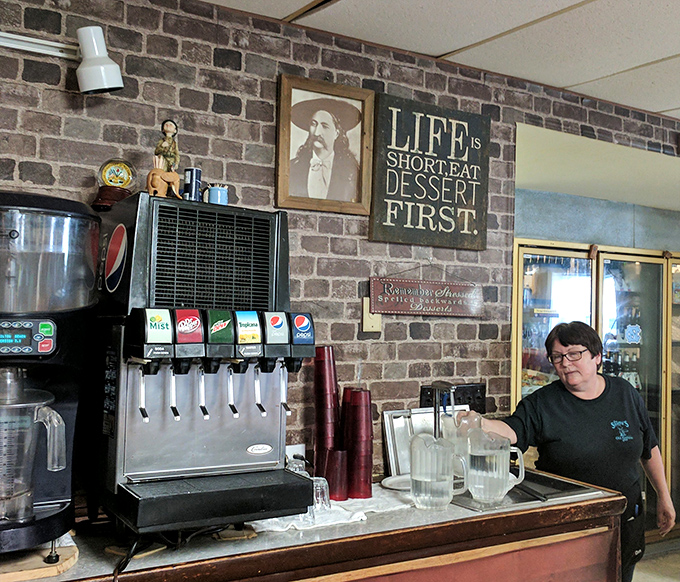 The soda fountain and brick wall backdrop create that perfect nostalgic atmosphere where calories simply don't count.