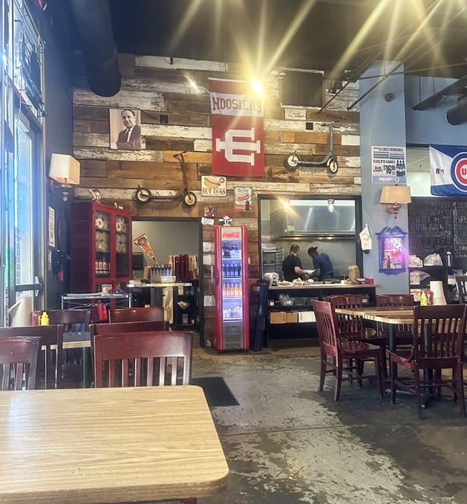 Behind the scenes where the magic happens. Even the beverage cooler looks like it belongs in a place that takes refreshment seriously.