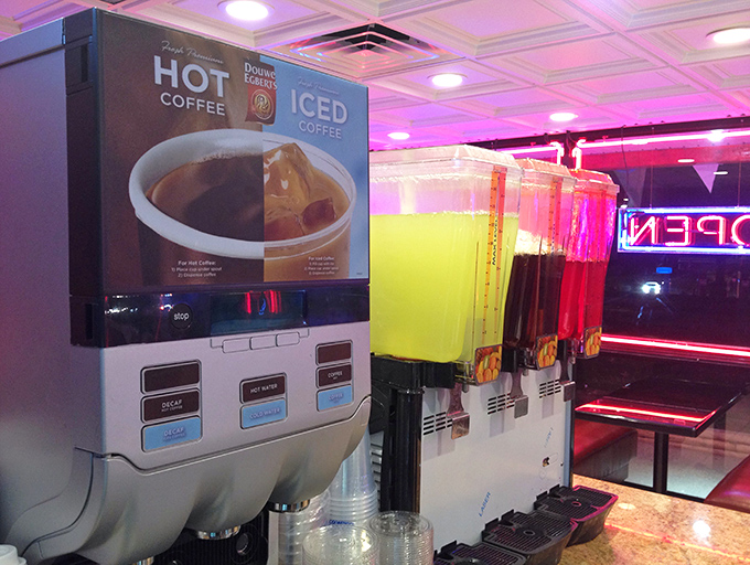 The beverage station&mdash;where decisions between coffee and fruit punch become philosophical questions about what your meal truly needs.