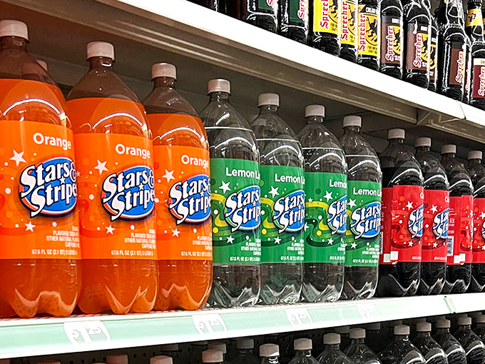 Stars & Stripes sodas line up like a liquid American flag. These colorful beverages offer a nostalgic taste of summer for pocket change.