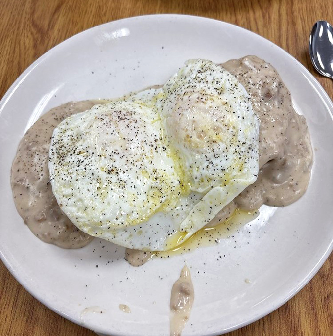 Biscuits and gravy with those sunny-side-up eggs &ndash; the breakfast that says, "Go back to bed, you won't be hungry again until dinner."